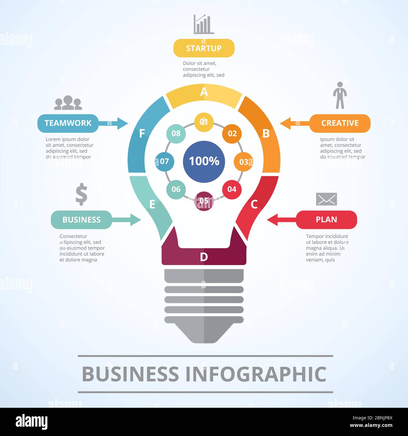 Infographic concept with stylized picture of lighting bulb. Graphic visualization of five steps ...