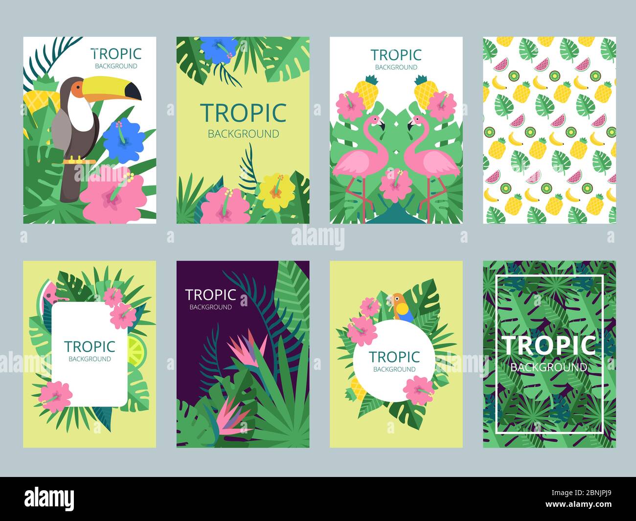 Design template of cards with illustrations of exotic plants, fruits ...