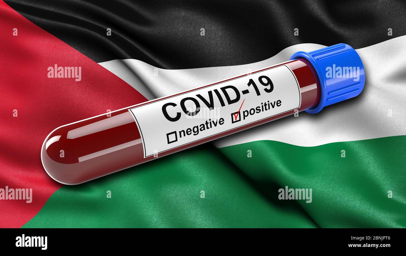 Flag of Palestine waving in the wind with a positive Covid-19 blood ...