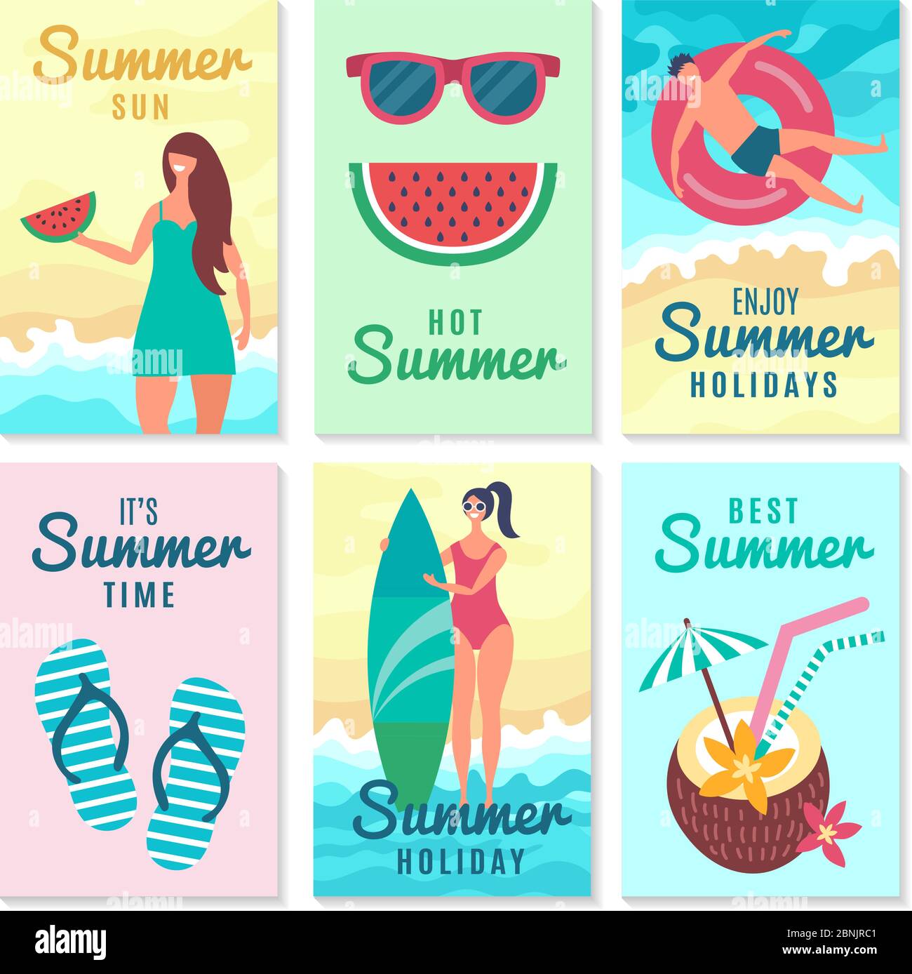 Design cards with summer symbols and various characters Stock Vector ...