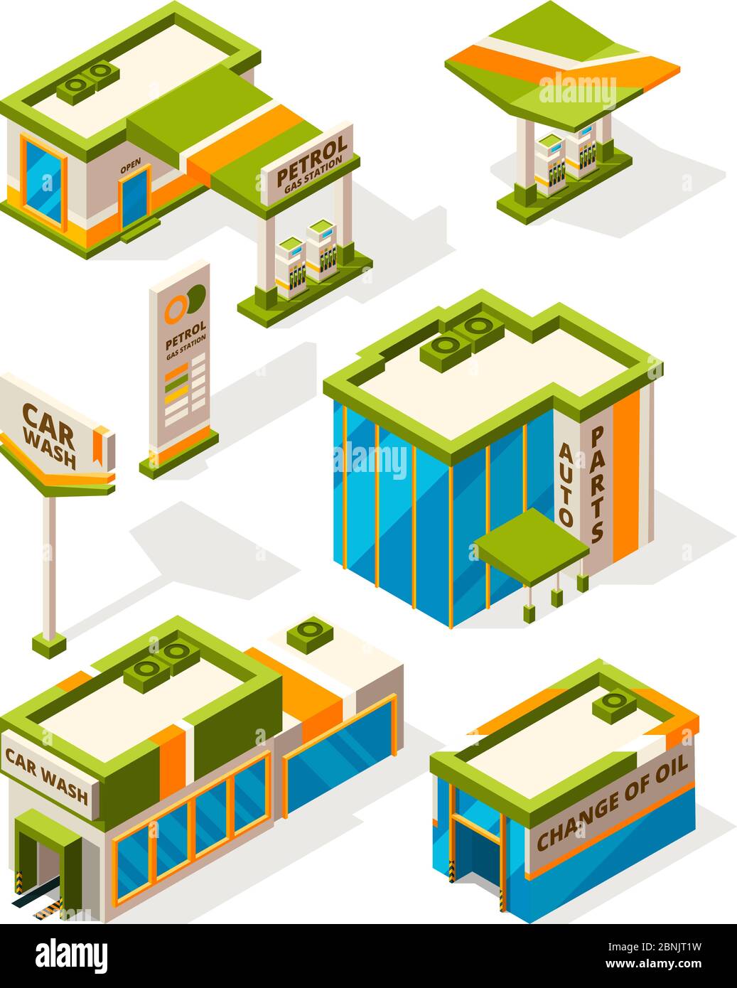 Buildings of gas service. Exterior of fuel station constructions ...