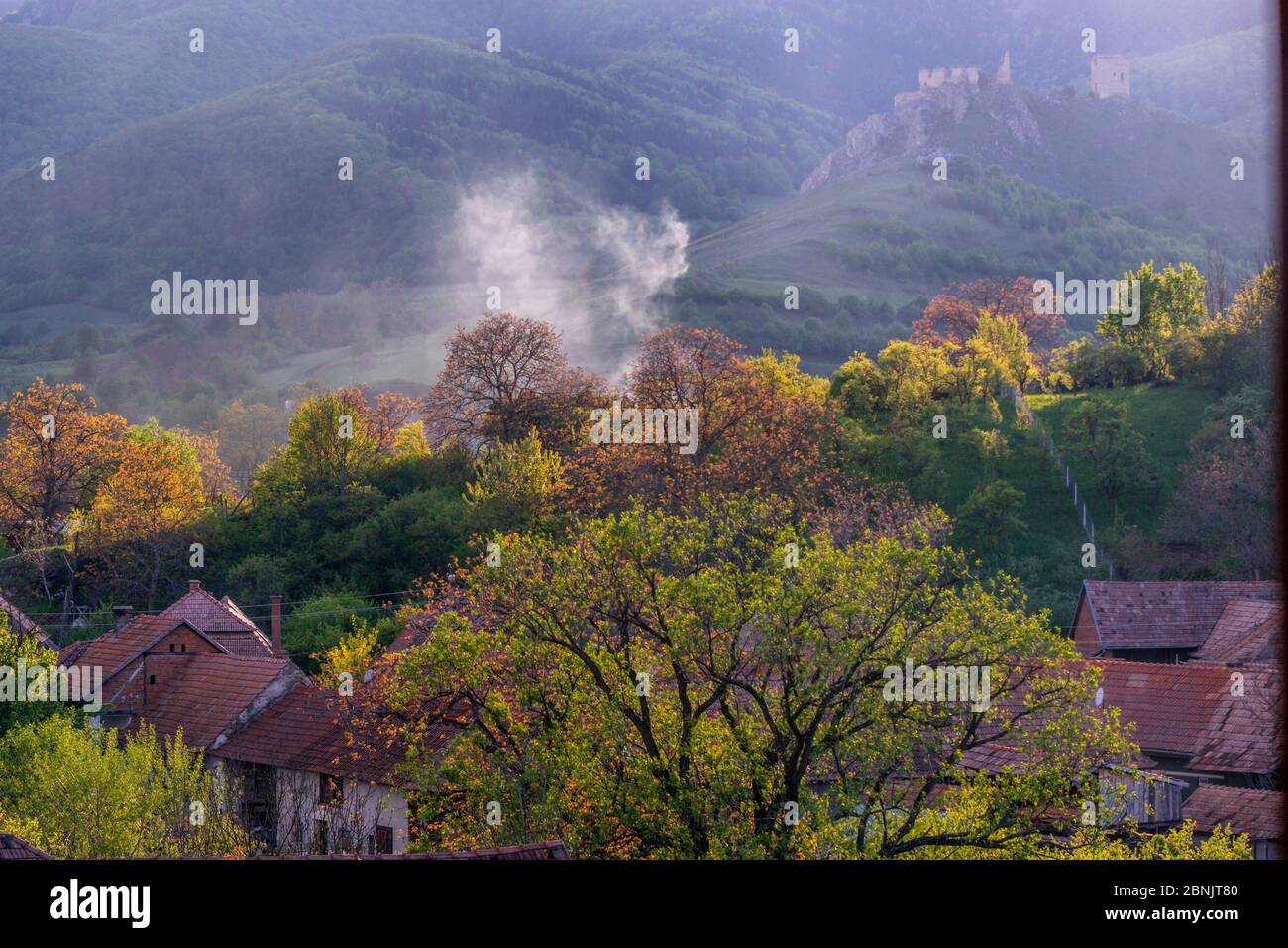 Coltesti village with ruins of the castle, Transylvanie, Romania ...