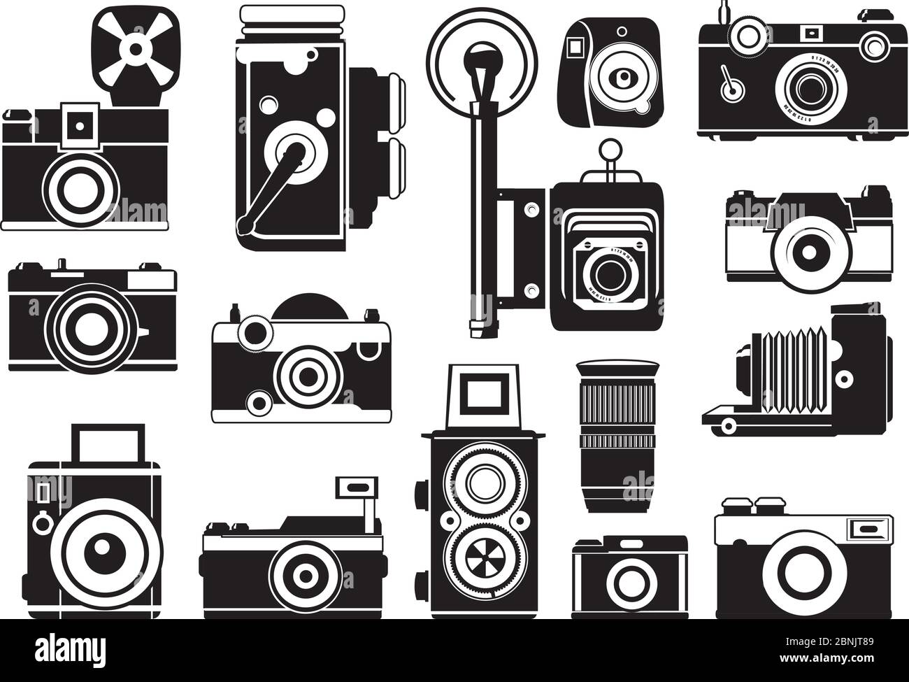 Pictures set of retro cameras. Vector monochrome illustrations Stock ...