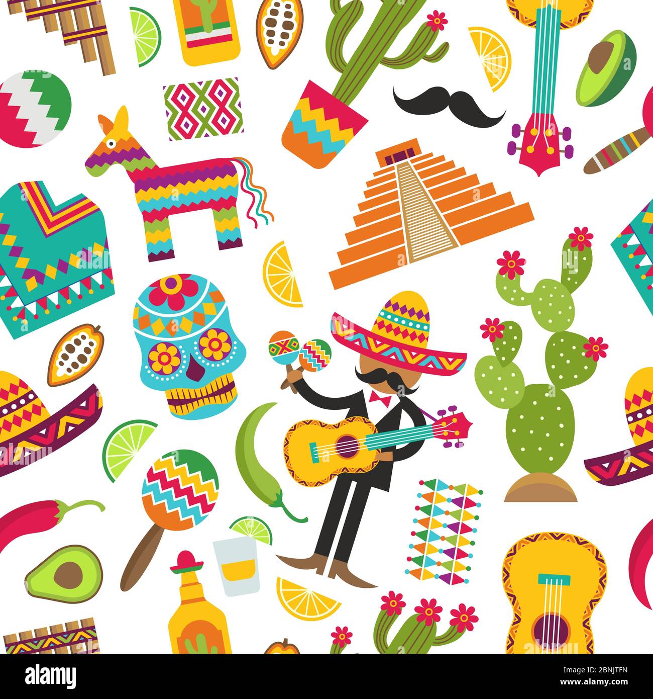 Mexican seamless pattern. Colored pictures of various mexican symbols ...