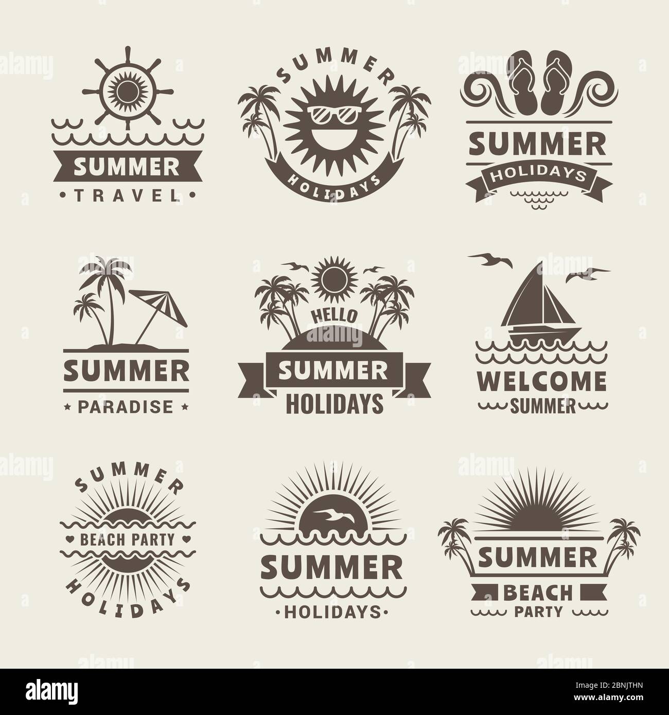 Summer badges. Vector monochrome labels of summer time. Tropical ...