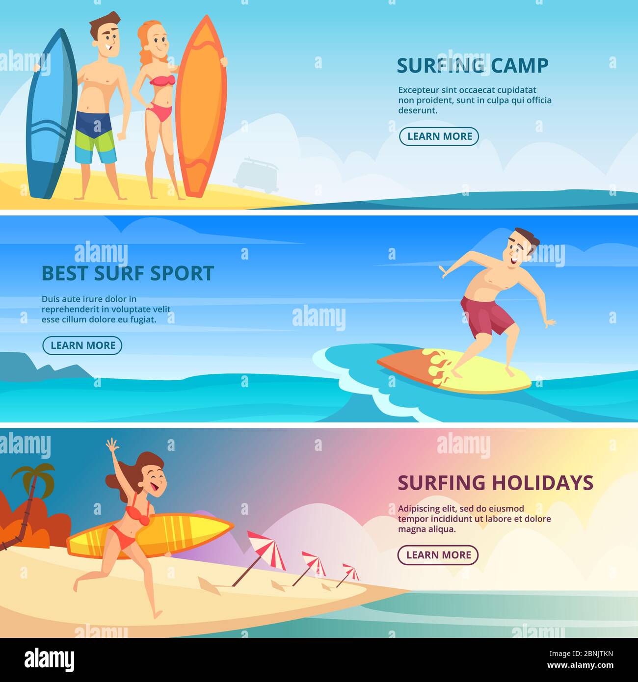 Surfing banners illustrations. Surfers people Vector design templates ...