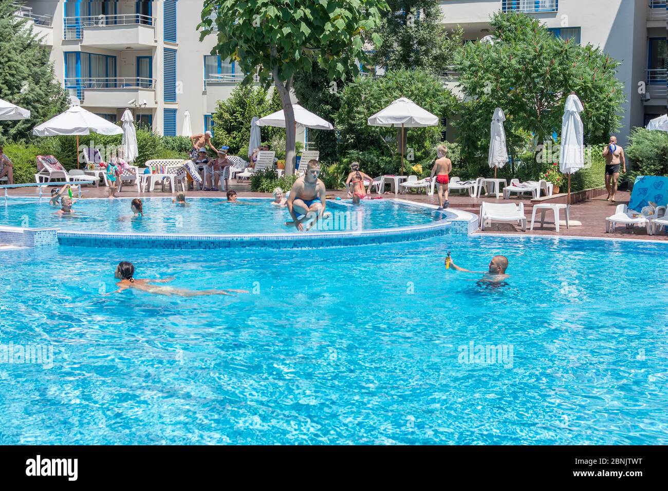 Sunny Beach, Bulgaria - August 8, 2019: View Of People Swimming In Pool ...