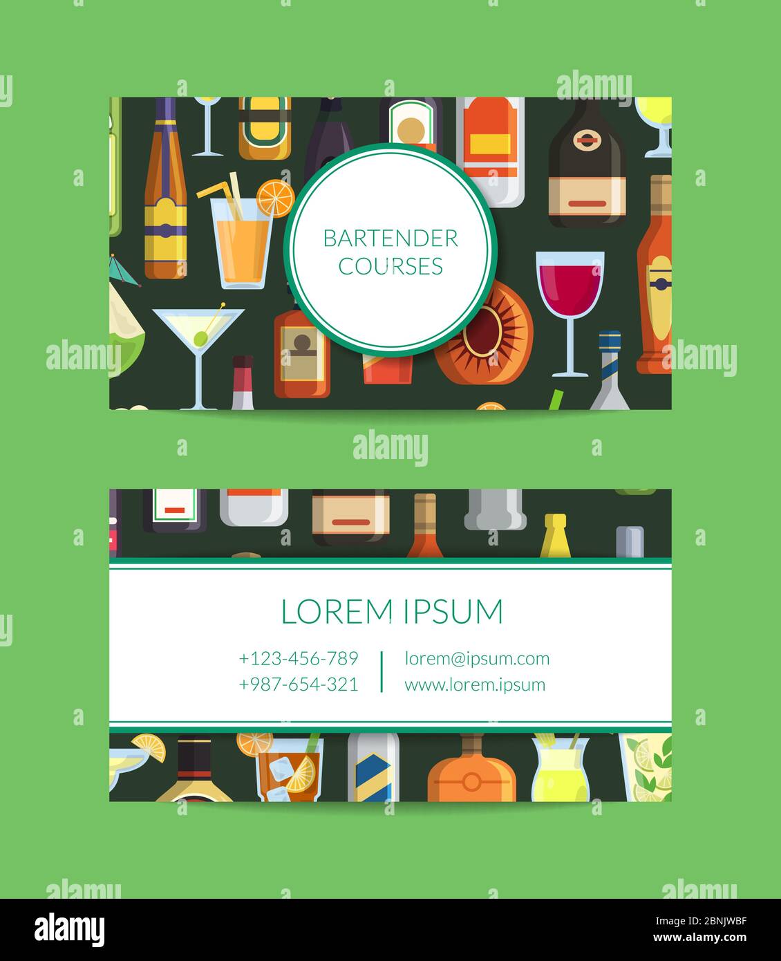 Vector business card template for bar with alcoholic drinks in glasses ...