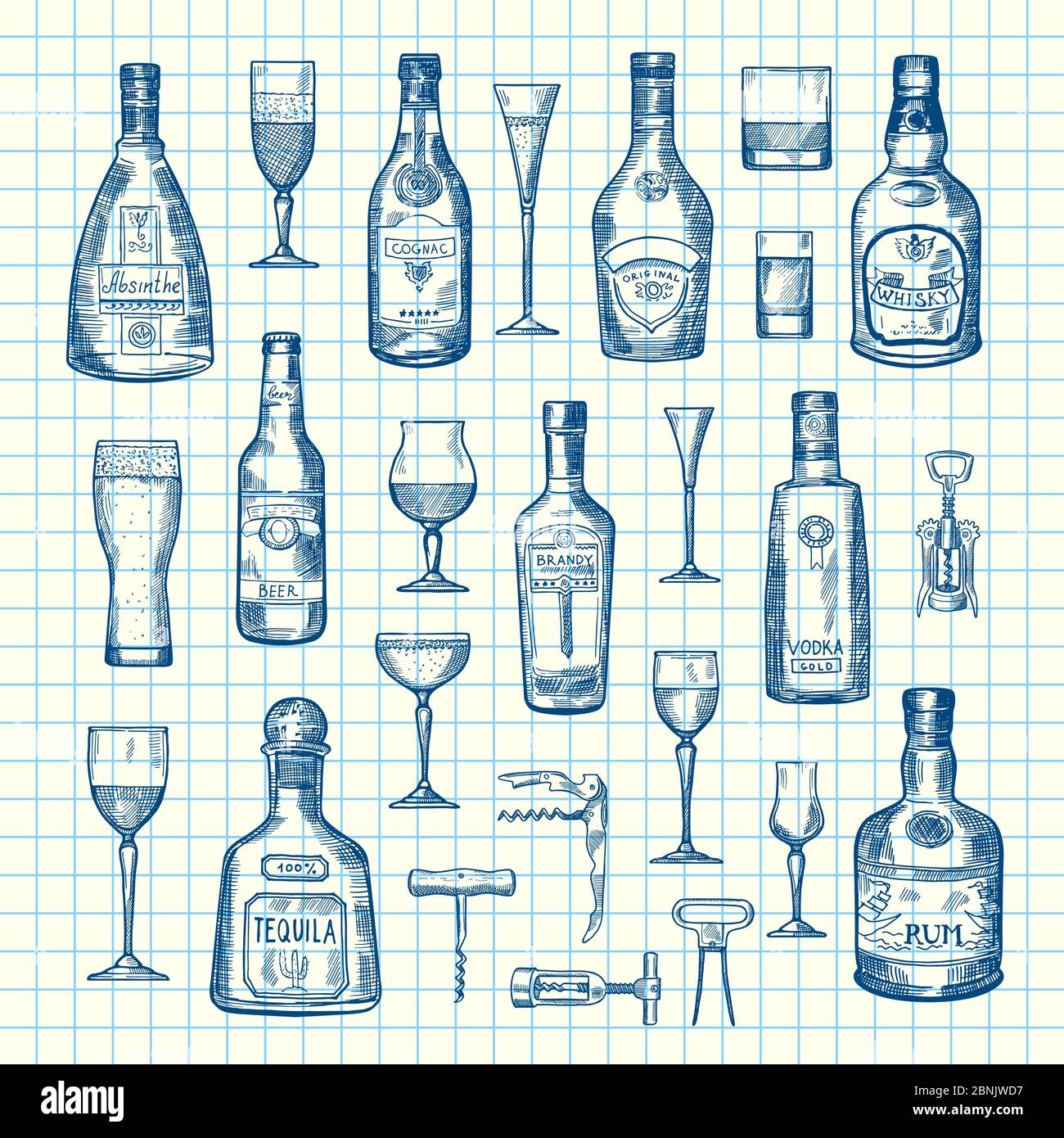 Vector hand drawn alcohol drink bottles and glasses set of on cell ...