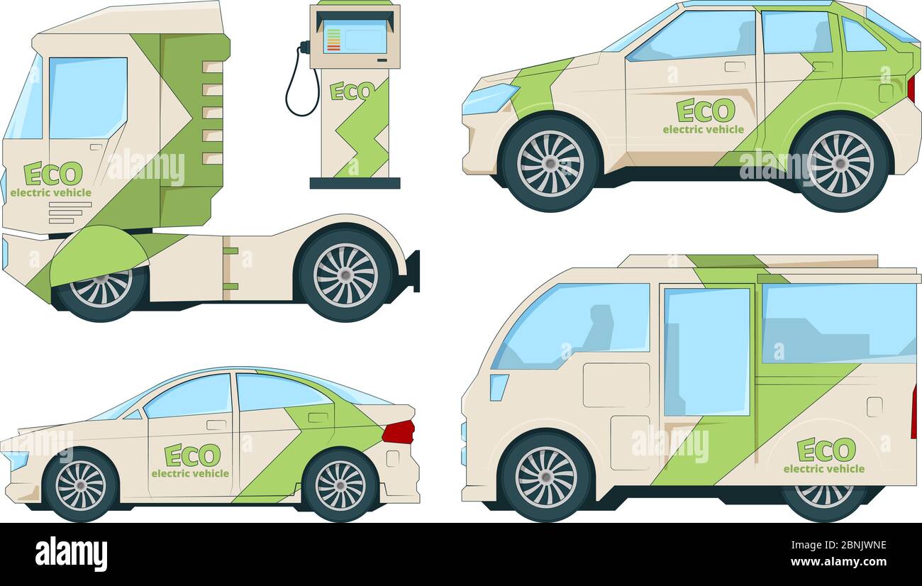 Eco electric automobiles. Cartoon ecological transport on white Stock ...