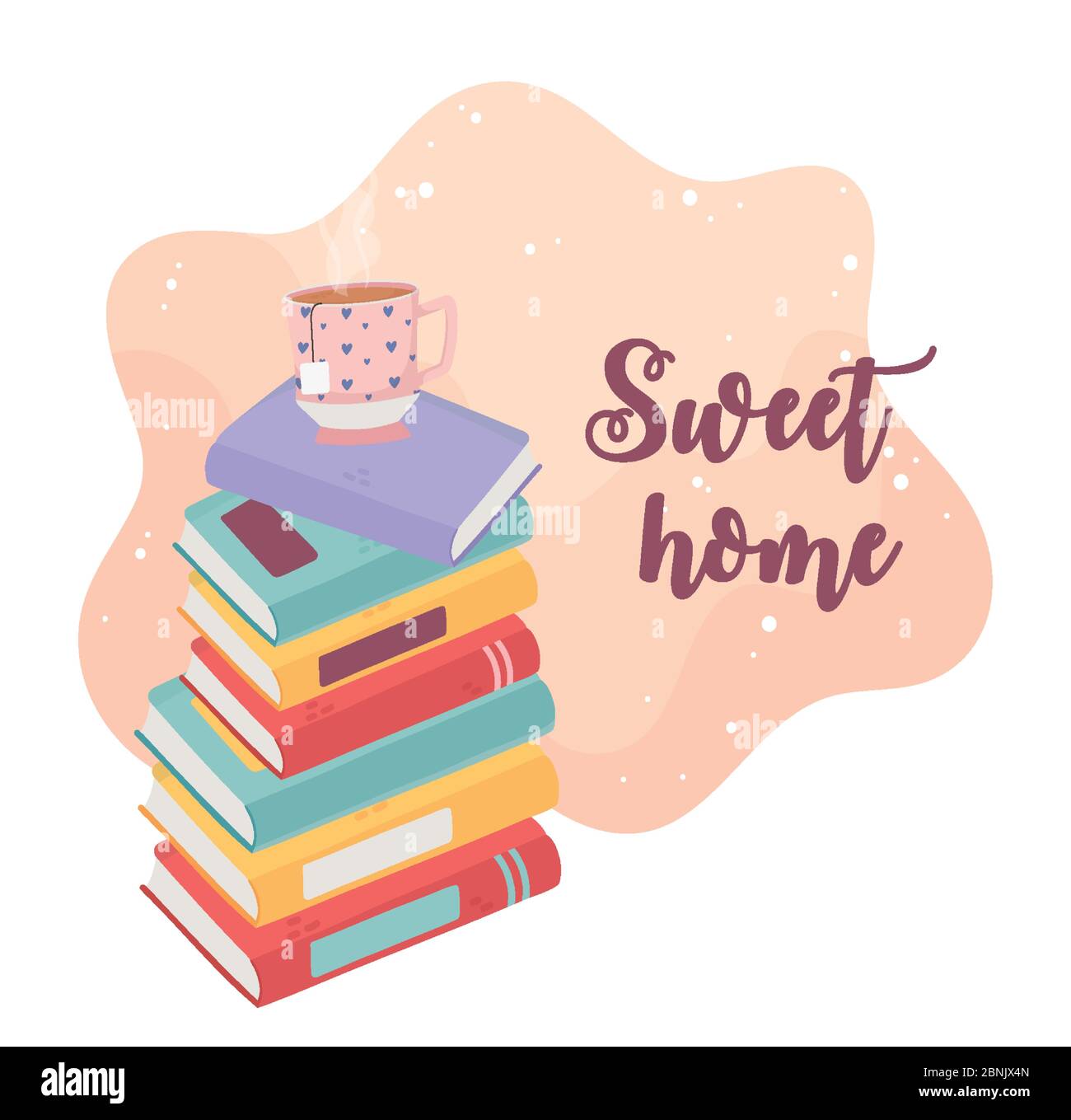 sweet home stack of books and tea cup decoration vector illustration ...
