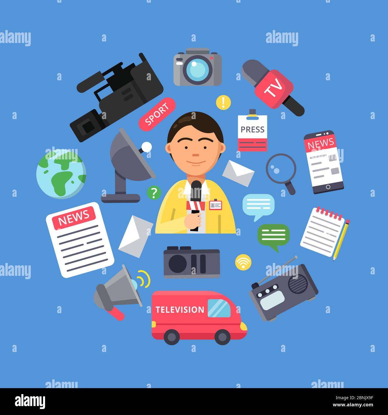 Media concept with picture of journalist and various specific equipment ...