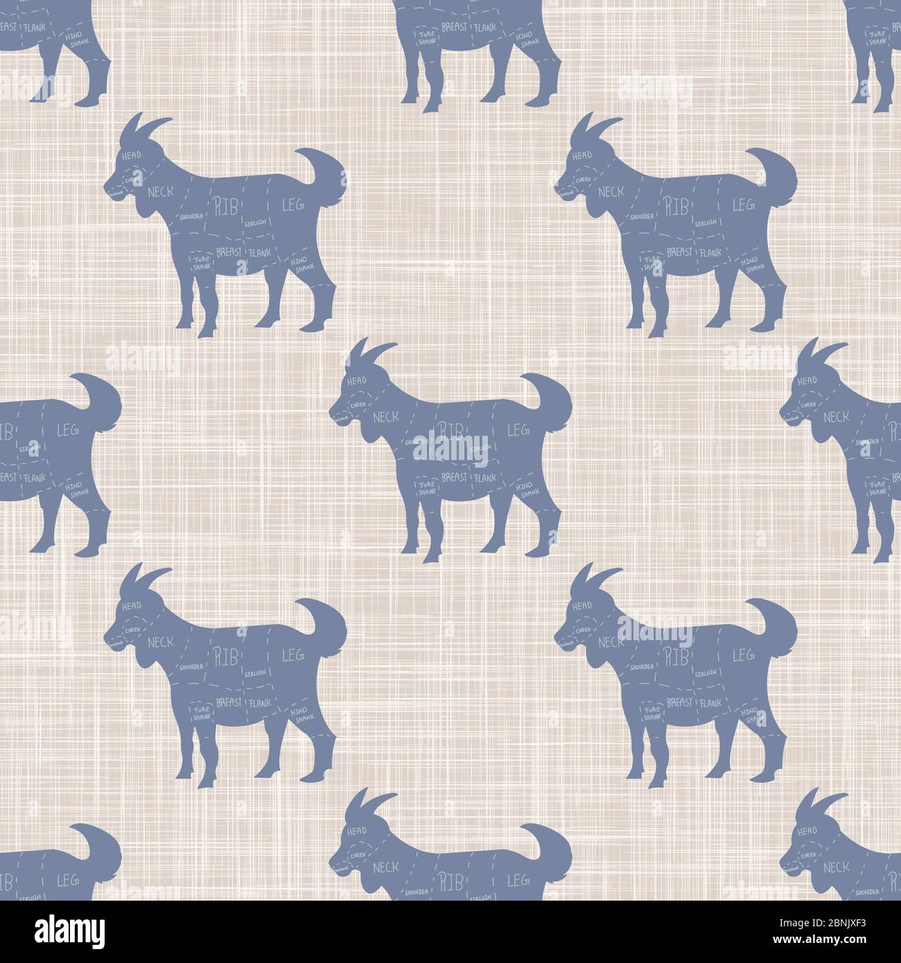 Seamless french farmhouse goat butcher chart pattern. Farmhouse linen shabby chic style. Hand ...
