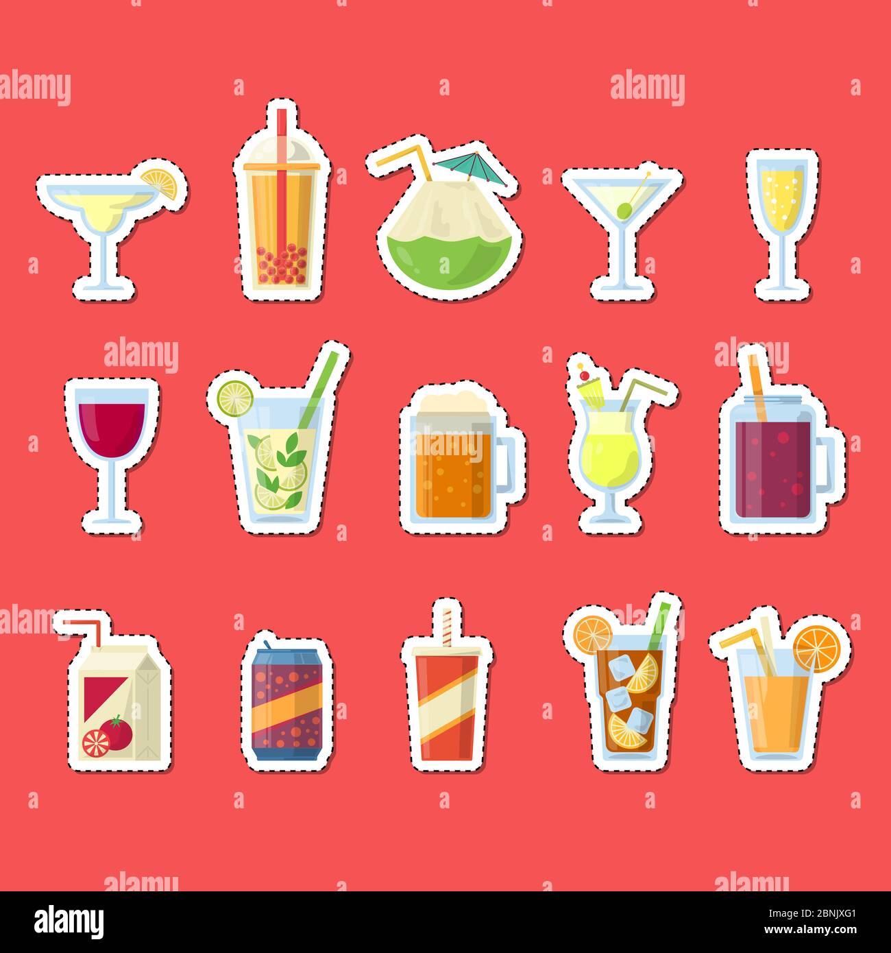 Vector stickers set with alcoholic drinks in glasses and bottles in ...