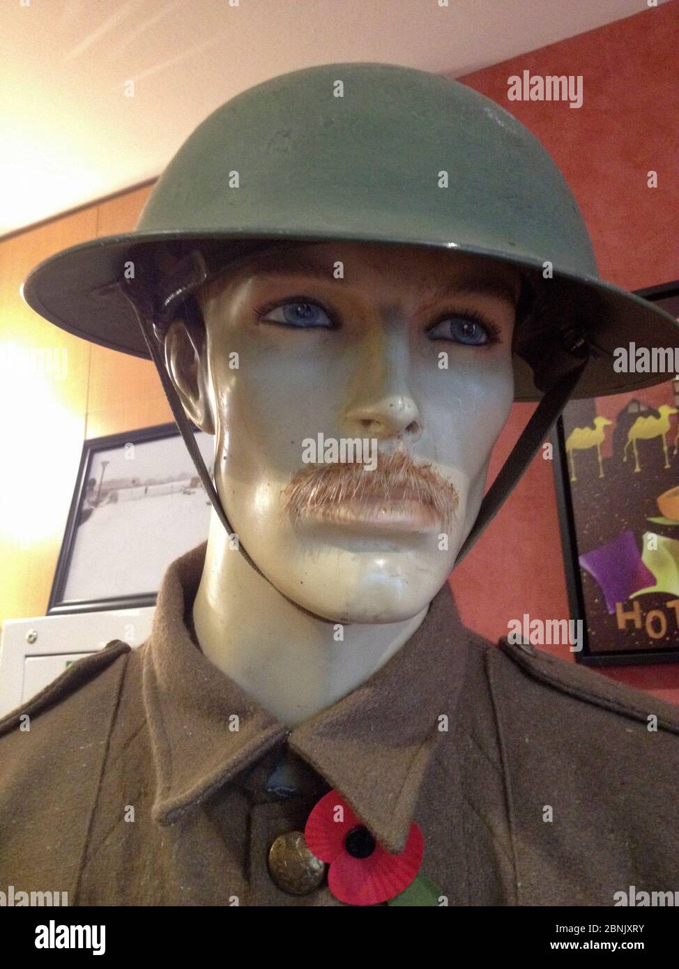 A mannequin depicting a British World War 1 soldier with his helmet ...