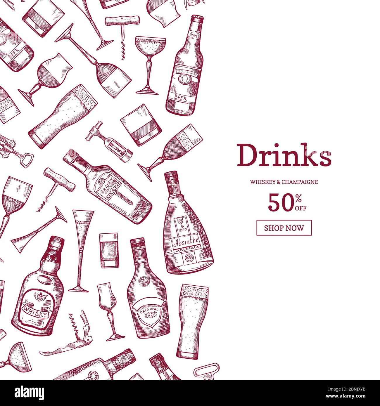 Vector hand drawn alcohol drink bottles and glasses background ...