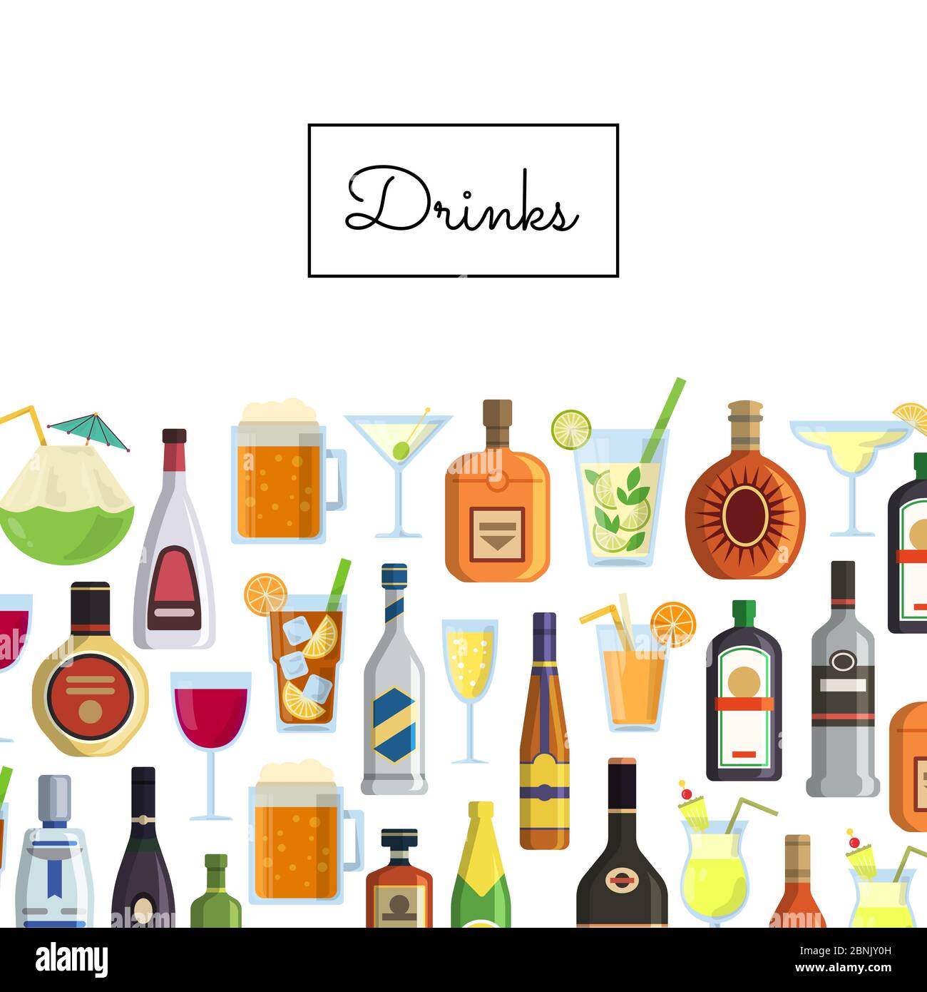 Vector background with alcoholic drinks in glasses and bottles and with ...
