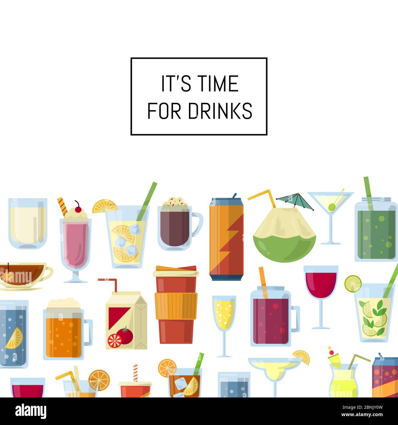 Vector background with alcoholic drinks in glasses and bottles and with ...