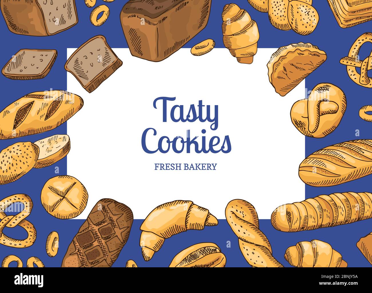 Vector hand drawn colored bakery elements backgroundwith white ...