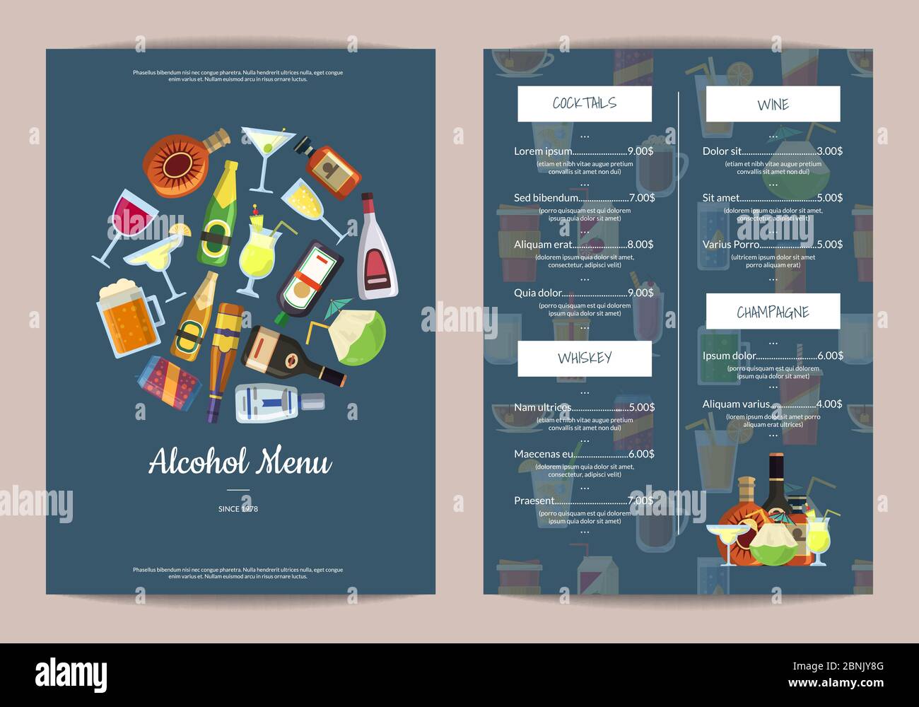 Vector menu template with alcoholic drinks in glasses and bottles Stock ...