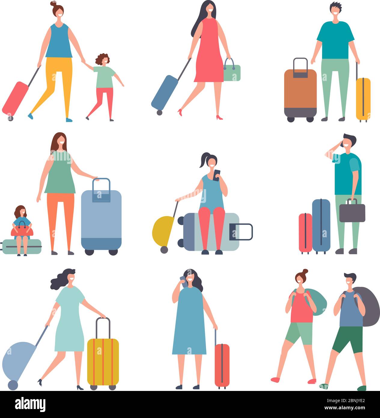 Summer travellers. Stylized characters of happy peoples goes to summer ...