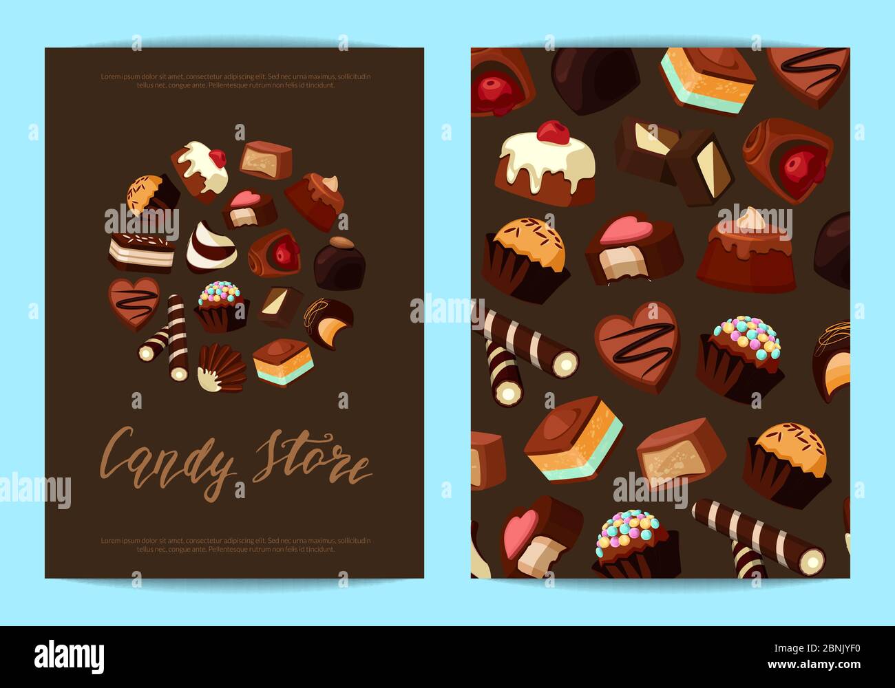 Vector card or flyer set for with cartoon chocolate candies Stock ...
