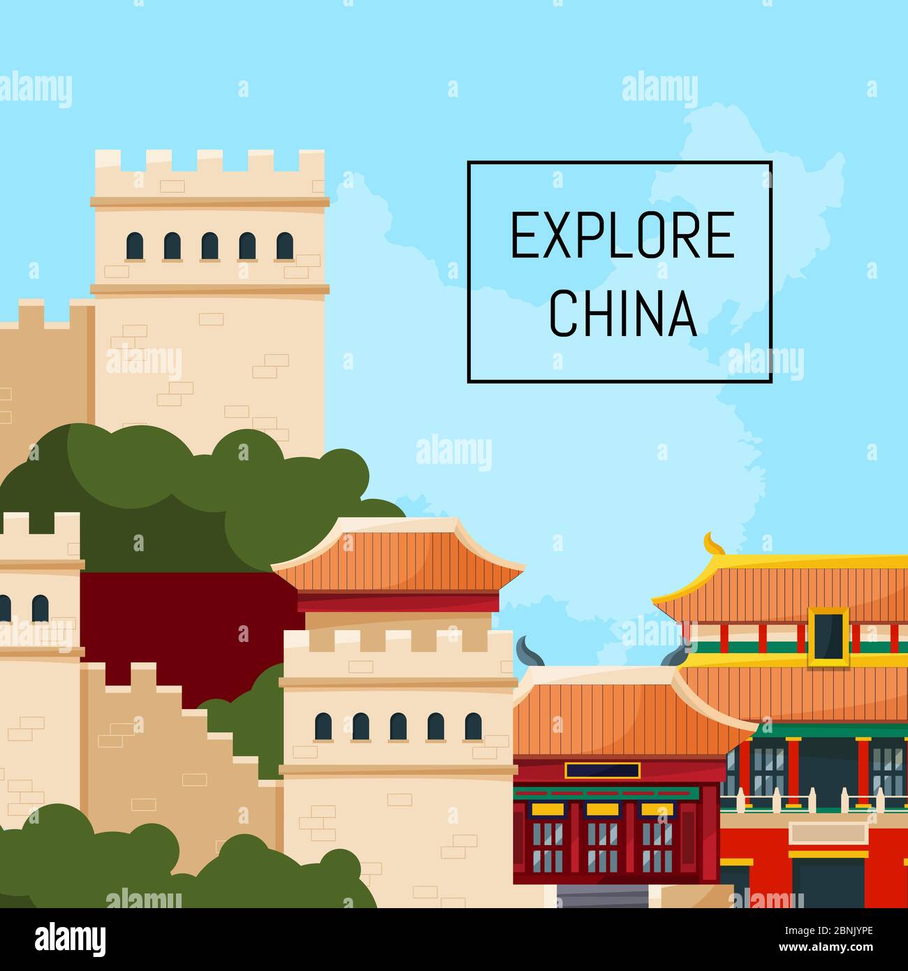 Vector flat style china elements and sights background illustration ...