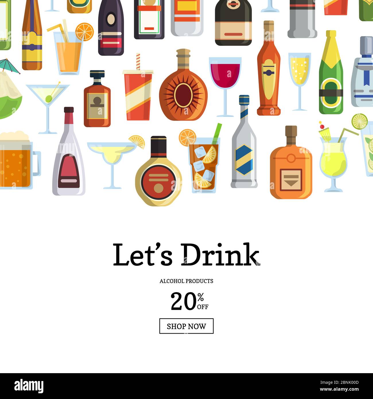 Vector background with alcoholic drinks in glasses and bottles and with ...