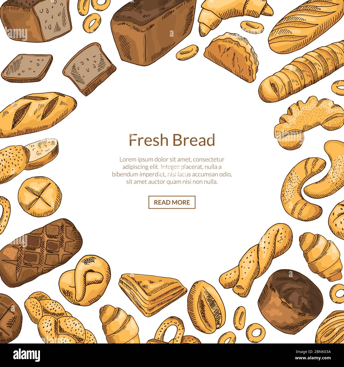 Vector hand drawn colored bakery elements illustration with round empty ...