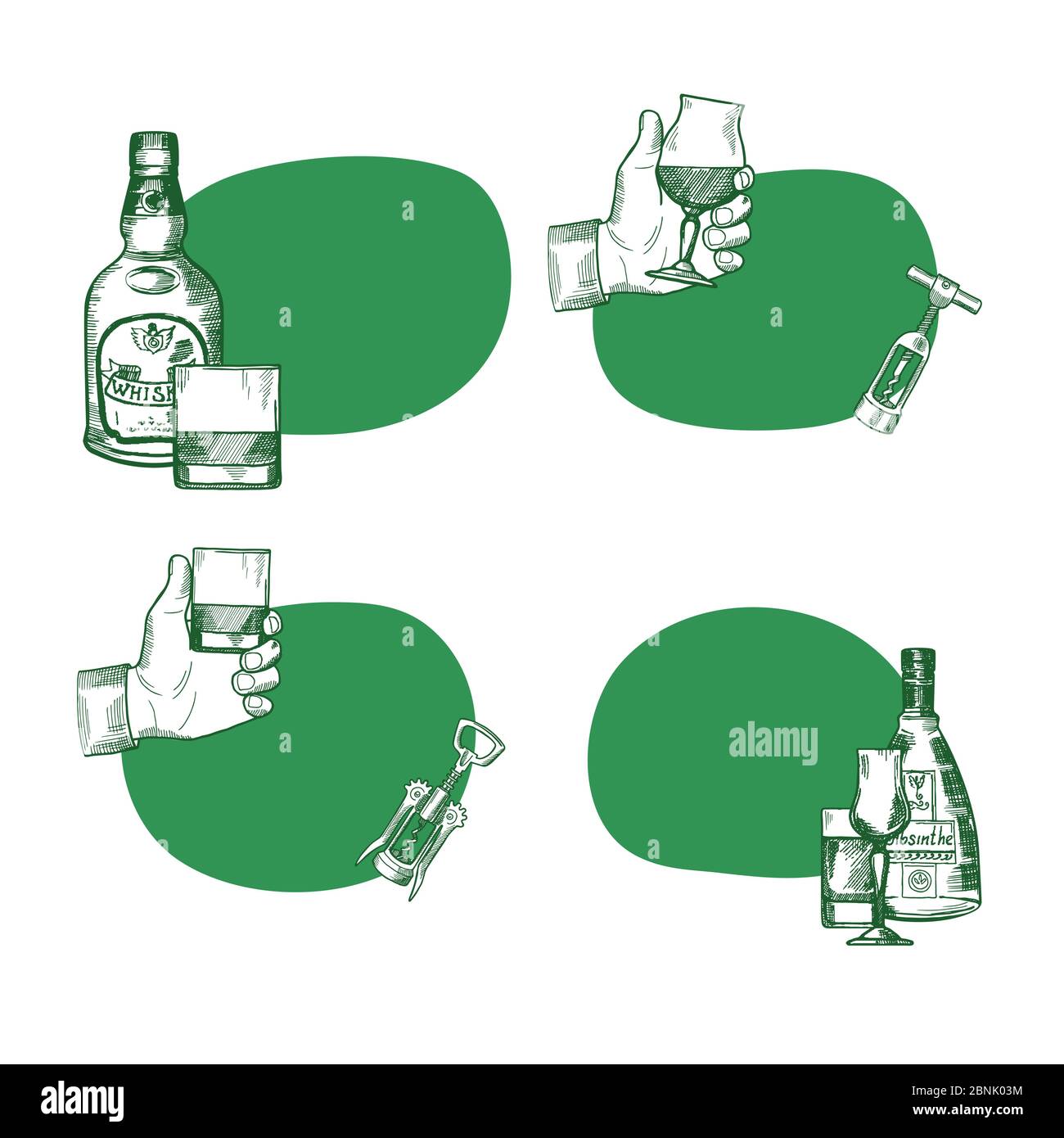 Vector set of stickers with hand drawn alcohol drink bottles and ...