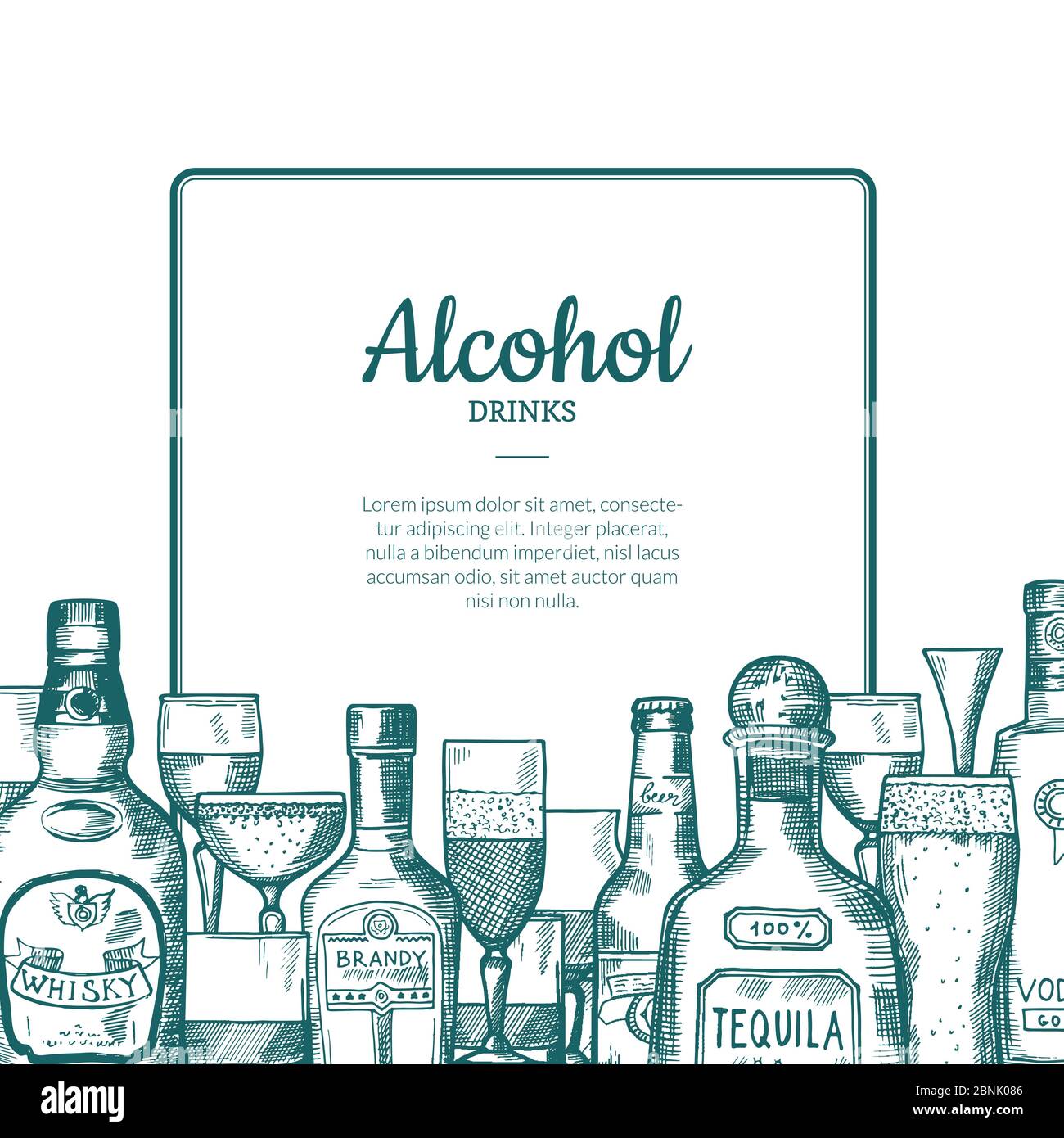 Vector hand drawn alcohol drink bottles and glasses frame with place ...