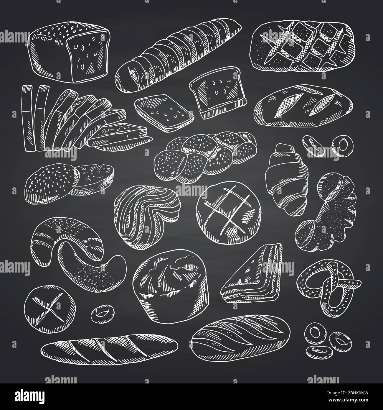 Vector hand drawn contoured bakery elements on black chalkboard Stock ...