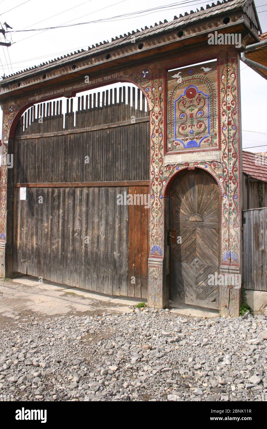 Covasna County, Romania. Traditional wooden gate decorated by local ...