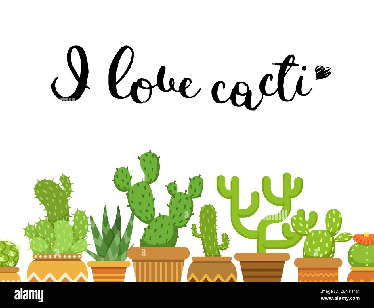 Vector illustration with cacti in pots I love cacti lettering Stock ...