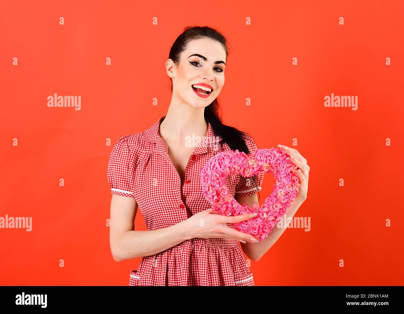 Romantic mood concept. Woman in romantic mood and fashionable dress ...
