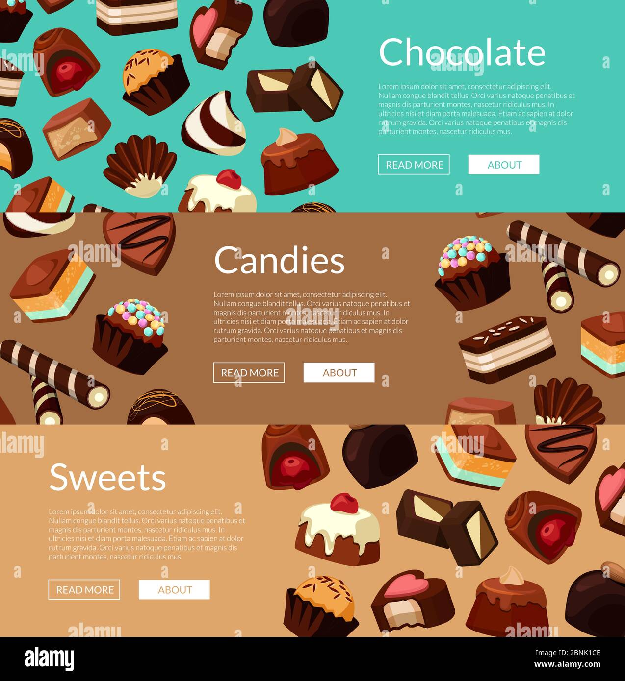 Vector web banners illustration with cartoon chocolate candies Stock ...