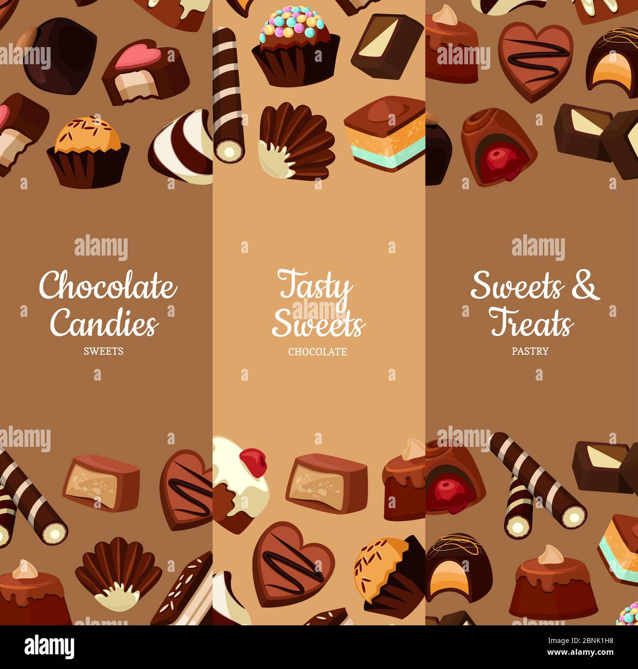 Vector vertical banners illustration with cartoon chocolate candies ...