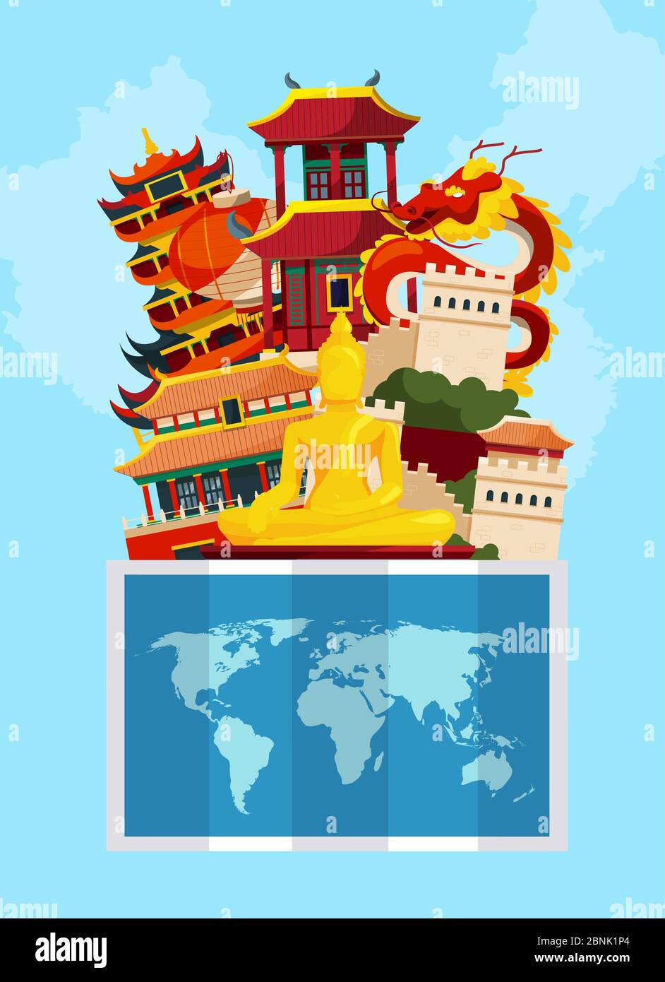 Vector concept illustration with flat style china sights above world ...