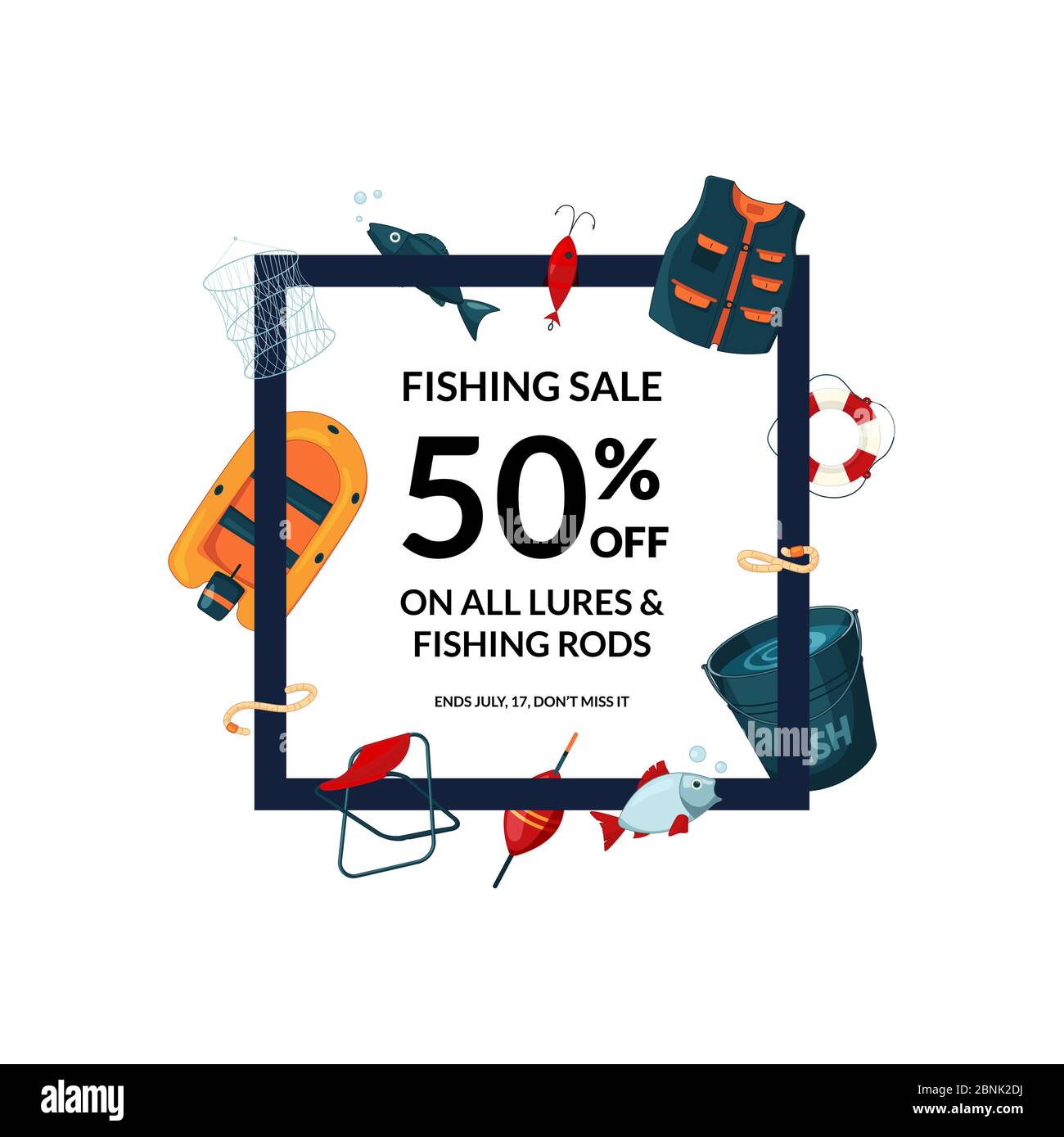 Vector frame with cartoon fishing equipment illustration Stock Vector ...