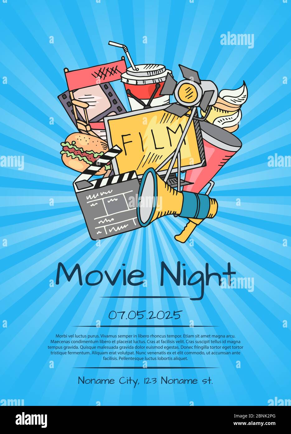 Vector cinema icons poster for movie night or festival Stock Vector ...
