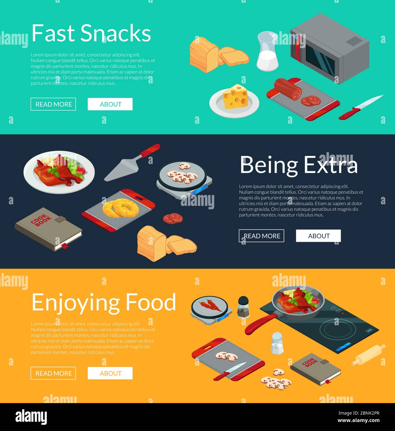 Vector cooking food isometric banners illustration. 3D meal Stock ...