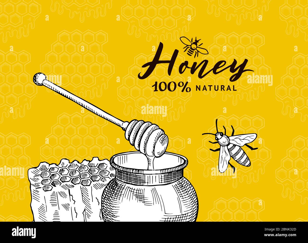 Vector background with sketched contoured honey theme elements on ...