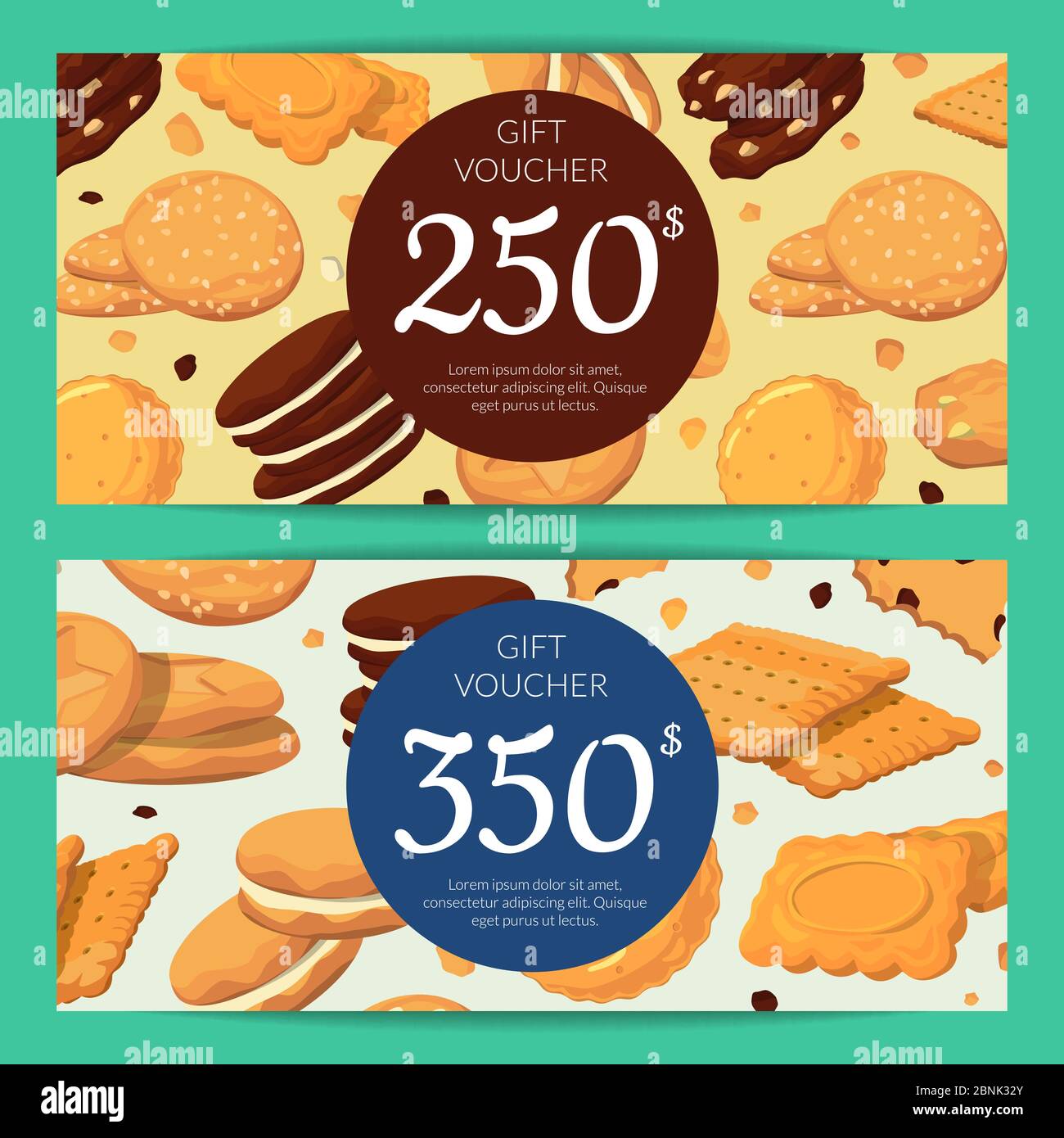 Vector discount or gift card voucher templates with cartoon cookies ...