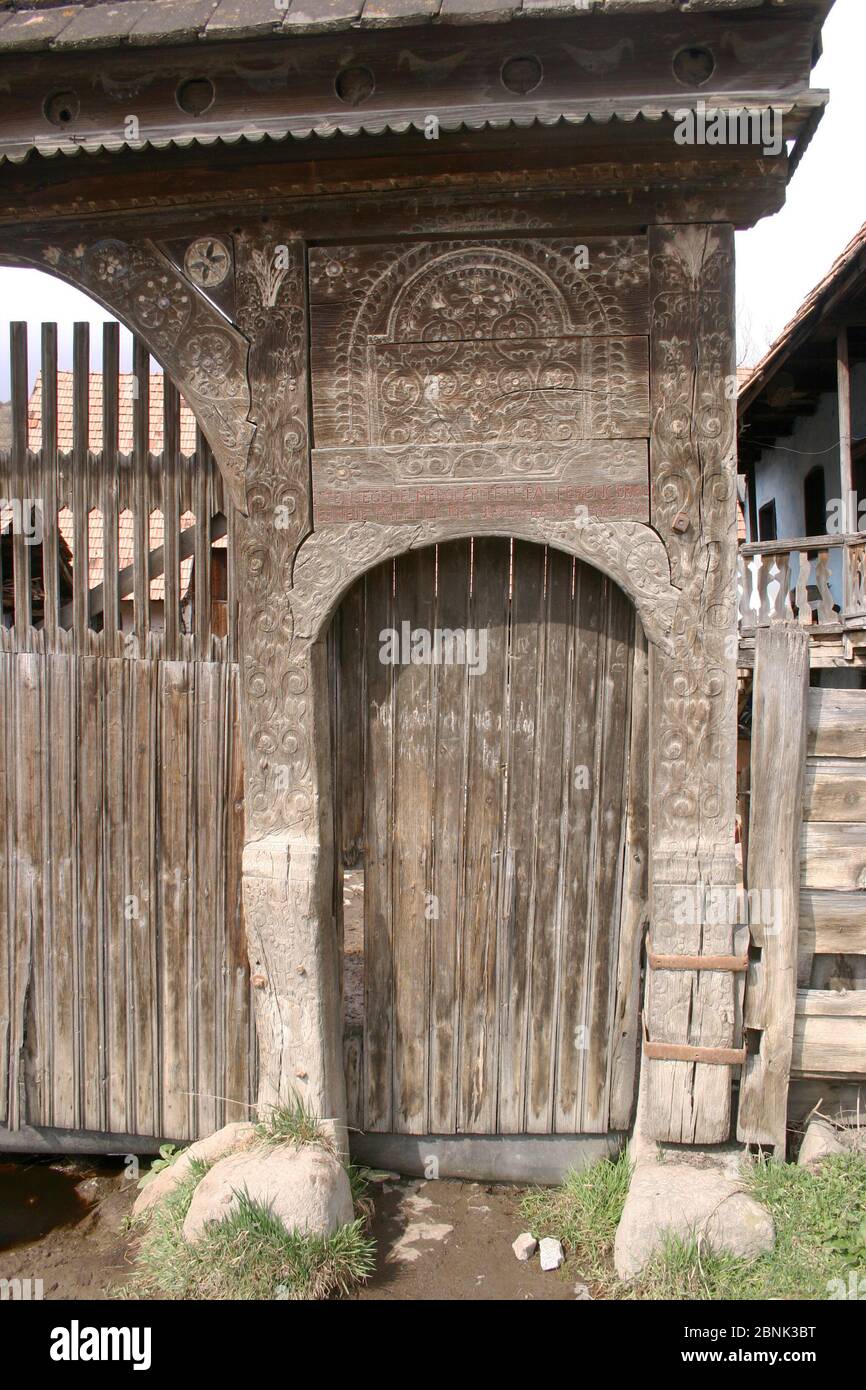 Covasna County, Romania. Traditional wooden gate decorated by local ...