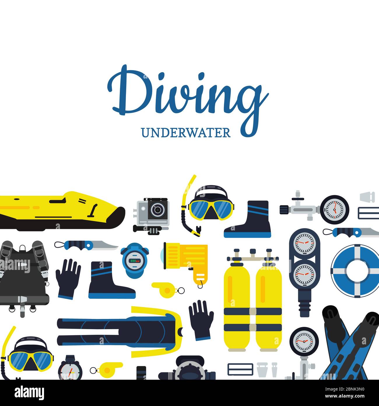 Vector underwater diving equipment illustration in flat style Stock ...