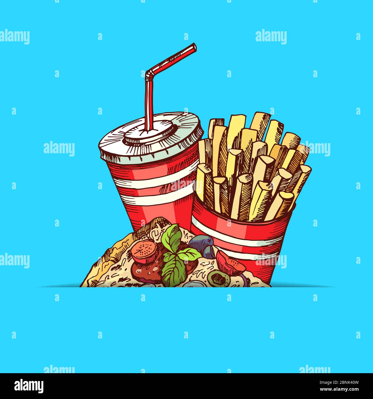 Vector hand drawn colored fast food elements illustration Stock Vector ...
