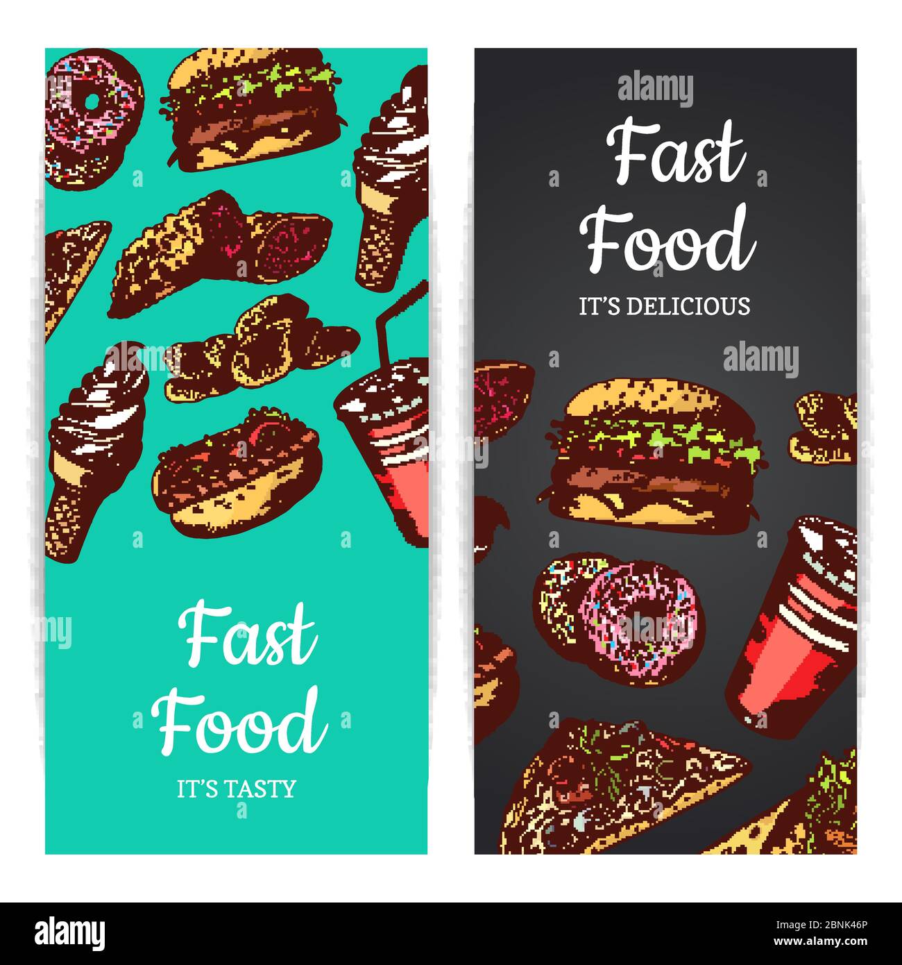 Vector vertical banners or flyers with fast food, ice cream, burger ...