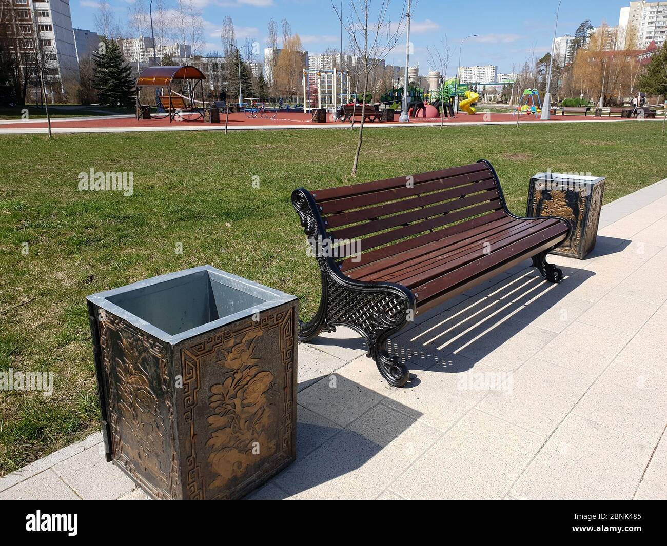 Boulevard with wooden benches in Zelenograd in Moscow, Russia Stock ...