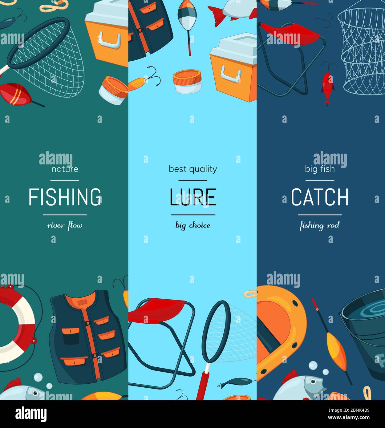 Vector banners, card or flyer illustration with cartoon fishing ...