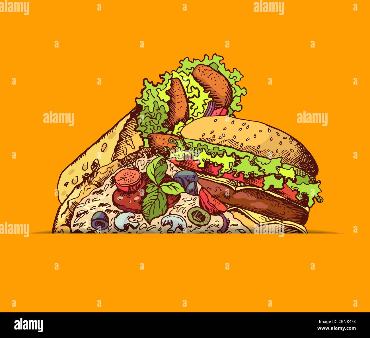 Vector hand drawn fast food burger, taco, pizza illustration Stock ...